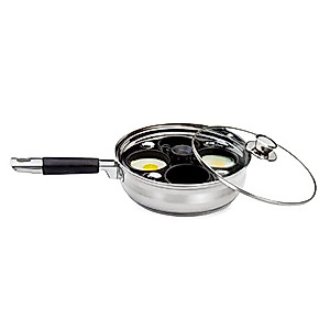 Vinod Non Stick Egg Poacher Pan – Skillet, Glass Lid, Removable Cup Tray - 4 Large Cups - Stainless Steel Poached Egg Cooker – Food Grade Egg Poaching – Heat Friendly Handle - Free Silicon Spatula