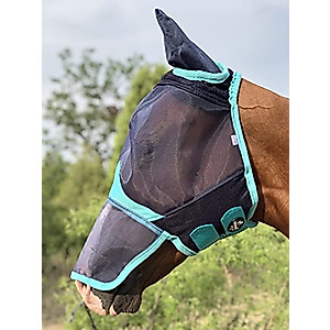 TGW RIDING Horse Mask Full Face Mesh Mask Fine Mesh with Ears and Long Nose (Cob, Black/Turquoise)