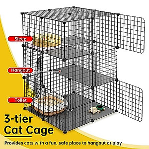 Eiiel 3-Tier Cat Cage Enclosures Indoor DIY Cat Playpen Detachable Metal Wire Kennels 2Lx2Wx3H Crate Large Exercise Place Ideal for 1-2 Cats, Black