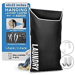 DONAQ Hanging Laundry Hamper Bag XL 40x22", Space Saving over the Door Storage Bags, Behind the Door Hampers for Dirty Clothes & Wall Mounted Basket for Bathroom, Organizer for Small Room Spaces RV