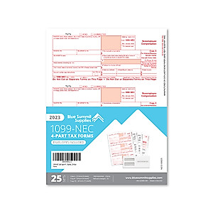 Blue Summit Supplies 1099 NEC Tax Forms 2023 with 25 Self Seal Envelopes, 25 4 Part Tax Forms Kit, Compatible with QuickBooks and Accounting Software
