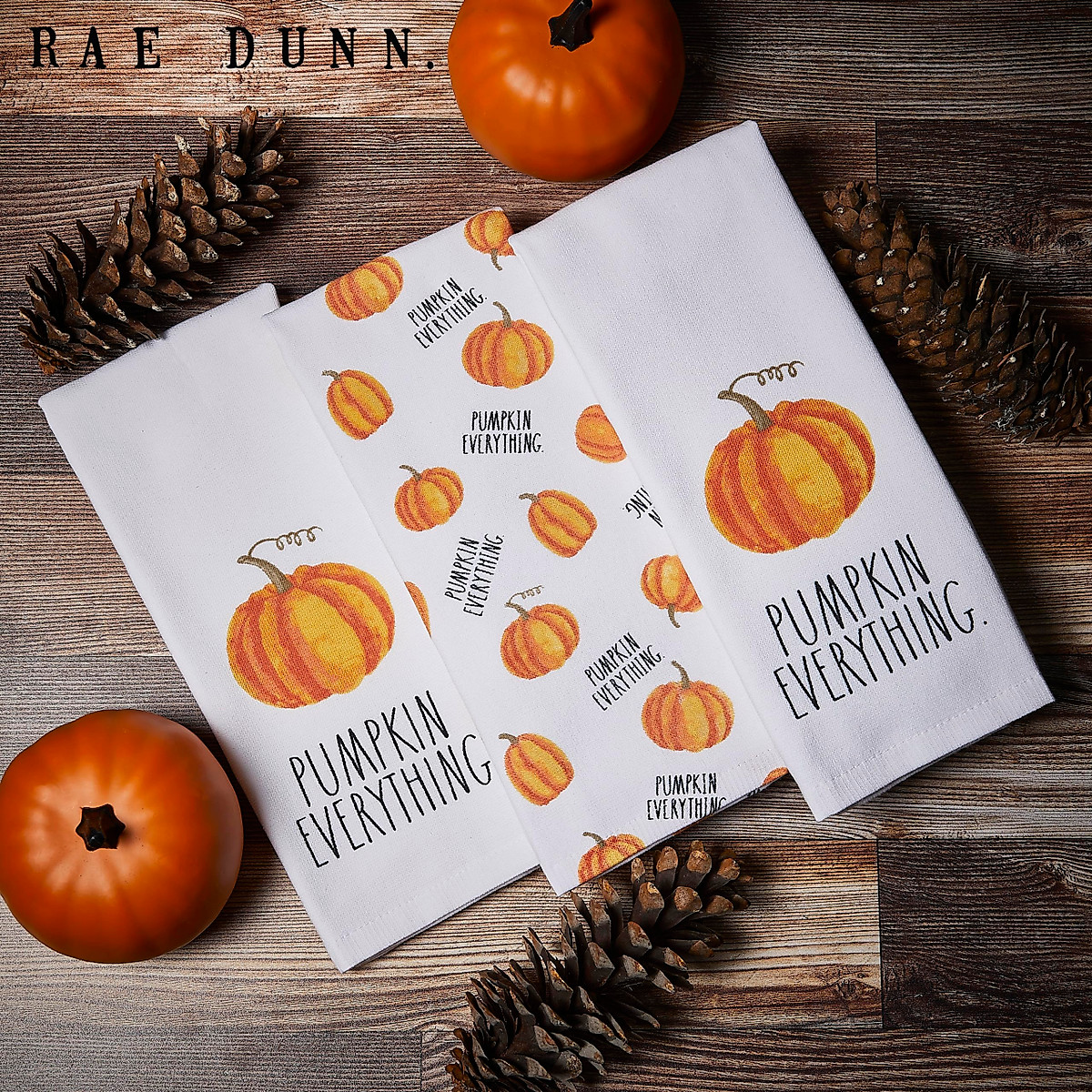Rae Dunn Set of Hand Towels for Kitchen and Bathroom, 100% Cotton, Embroidered Dish Towels, Decorative Hand Towels, Pumpkin Everything, 3 Pack