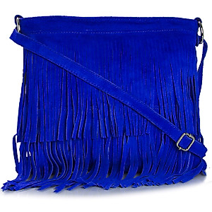 LiaTalia Womens Fringe Handbag - Real Italian Suede Leather - Tassle Effect Shoulder Bag in Medium Size - ASHLEY [Electric Blue]