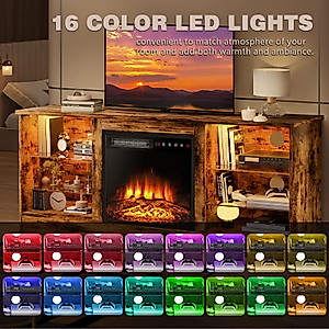 LEMBERI 58 Inches Fireplace TV Stand for TVs up to 65 Inches Console with 18'' Electric Fireplace & Remote, Wooden Modern Entertainment Center for Living Room with LED Light Glass Shelves (Brown)