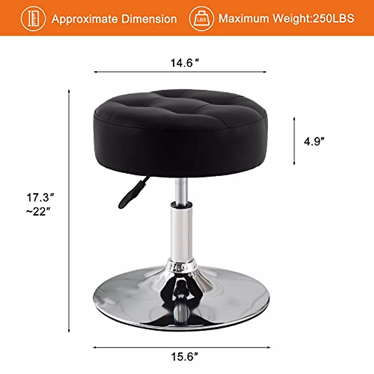 Furniliving PU Leather Vanity Chair, 360° Swivel Makeup Chair Adjustable Height Vanity Stool for Makeup Room, Round Modern Ottoman Stool Chair, Small Stool for Living Room, Bedroom, Black