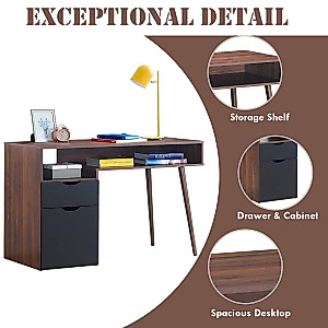Tangkula Computer Desk with Drawers, Multipurpose Home Office Desk Writing Desk with Spacious Desktop & Storage Shelf, Computer Table Workstation, Desk for Bedroom Home Office (Brown)