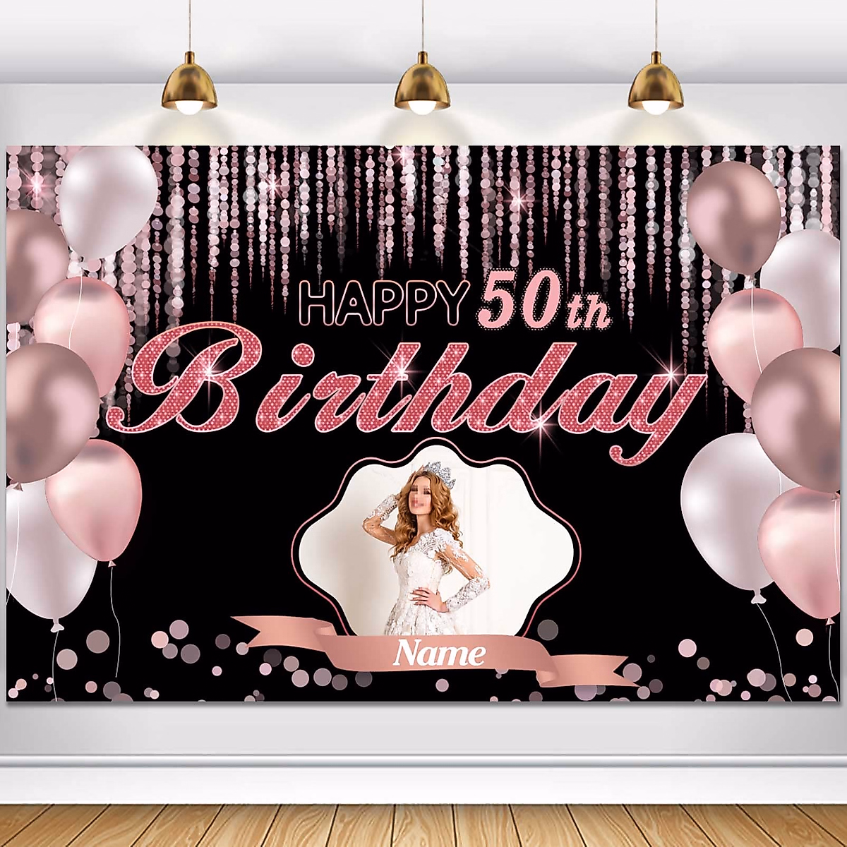 Custom Rose gold and Black Theme 50th Birthday Decorations Banner - Personalized Fabric Banner for 50th Birthday Party Supplies