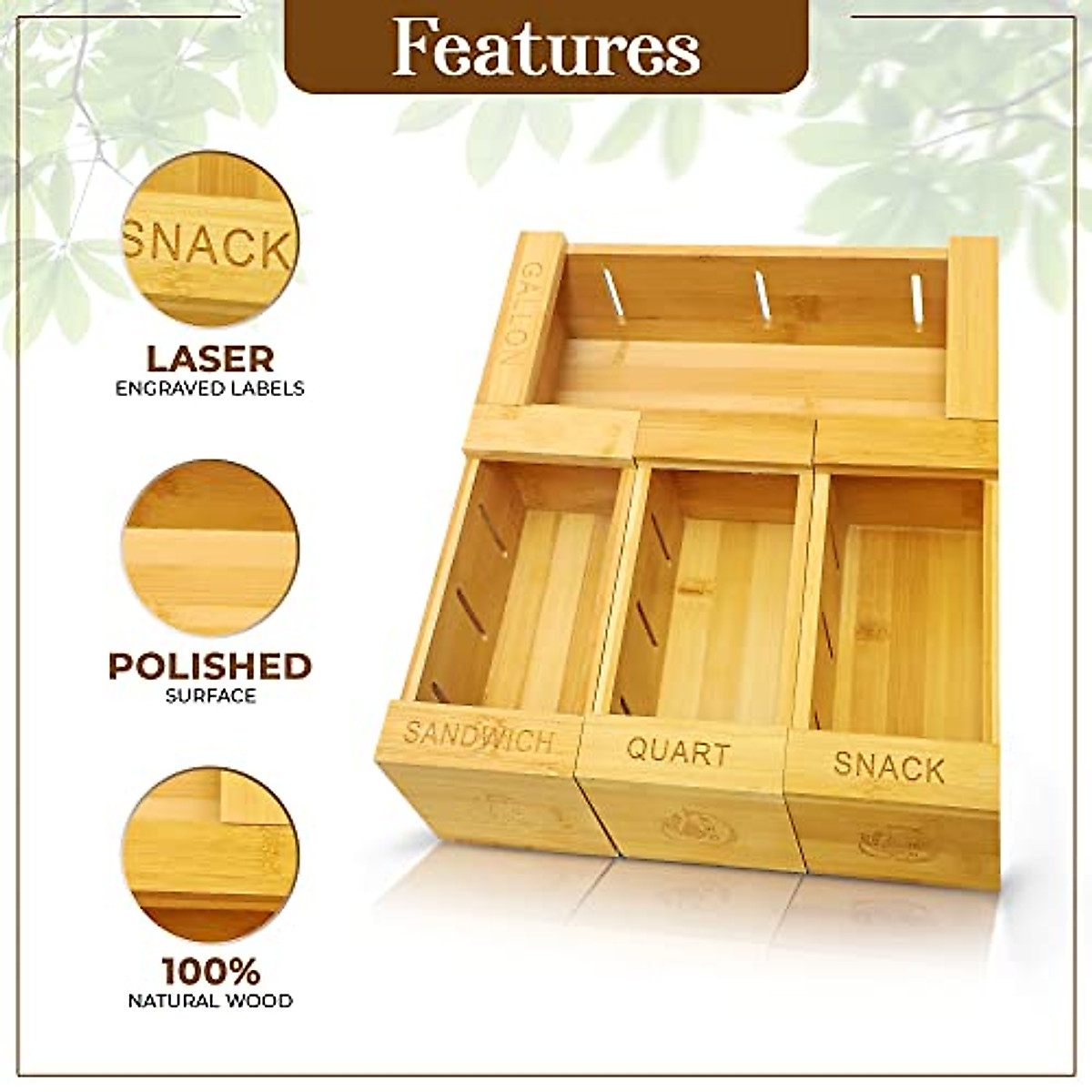 EGO VINA Ziplock Bag Storage Organizer – 4-in-1 Bamboo Ziplock Bag Organizer for Drawer – Baggie Organizer for Quart, Gallon, Snack, Sandwich Bags – Ziplock Bag Holder for Kitchen Drawer Organization