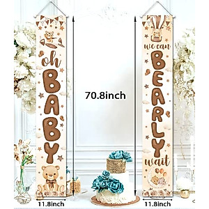 Bear Baby Shower Party Decoration-2 Pices We Can Bearly Wait Porch Sign Banner,Gender Reveal Banner Porch Sign for Welcome Baby Party,Gender Neutral Bear Photo Props Supplies Indoor Outdoor