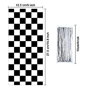 100 Pieces Cellophane Car Candy Bags Black White Checkered Racing Treat Bags Plastic Race Gift Goodie bags Food Storage Bags for with 100 Pieces Silver Twist Ties for Cars Birthday Party Decorations