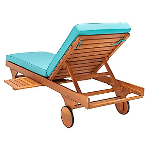 SAFAVIEH Outdoor Collection Newport Natural/ Aqua Cushion Built-in Side Table Adjustable Chaise Lounge Chair
