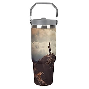 BWQJKUO Large Capacity Car Cup 30 Oz Stainless Steel Woman on A Top Mountain Printed Travel Mug Leak-proof Flip Straw Tumbler with Handle,keeps Cold Or Ho