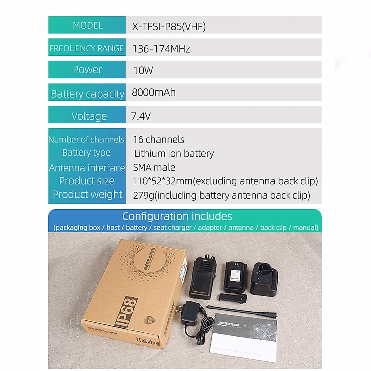 Handheld Two-Way VHF Marine Radio IP68 Waterproof LED Screen International Marine Channels 136-174 MHz 8000 mAh Battery KSUN P85