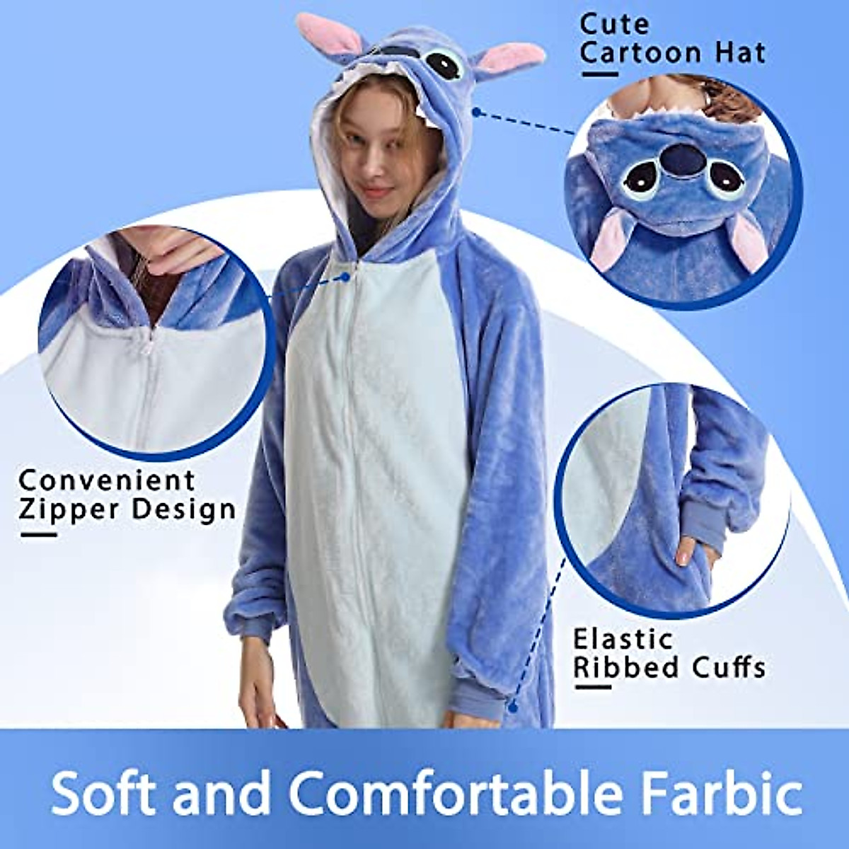 Folisof Onesies Pajamas, Unisex Adult Novelty One-Piece Cosplay Animal Sleepwear & Homewear, Halloween Costume for Women Men (Large, Stitch)