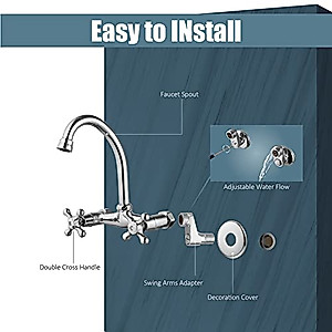 Aolemi Polish Chrome Wall Mount Kitchen Sink Faucet 3 to 9 Inch Adjustable Spread Double Cross Handle Mixer Tap