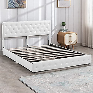 Horgaeo California King Size Bed Frame with 4 Storage Drawers and Button Decoration Liftable 5cm PU Headboard,No Box Spring Needed, Modern Iron-Wood Frame Easy Assembly, White.