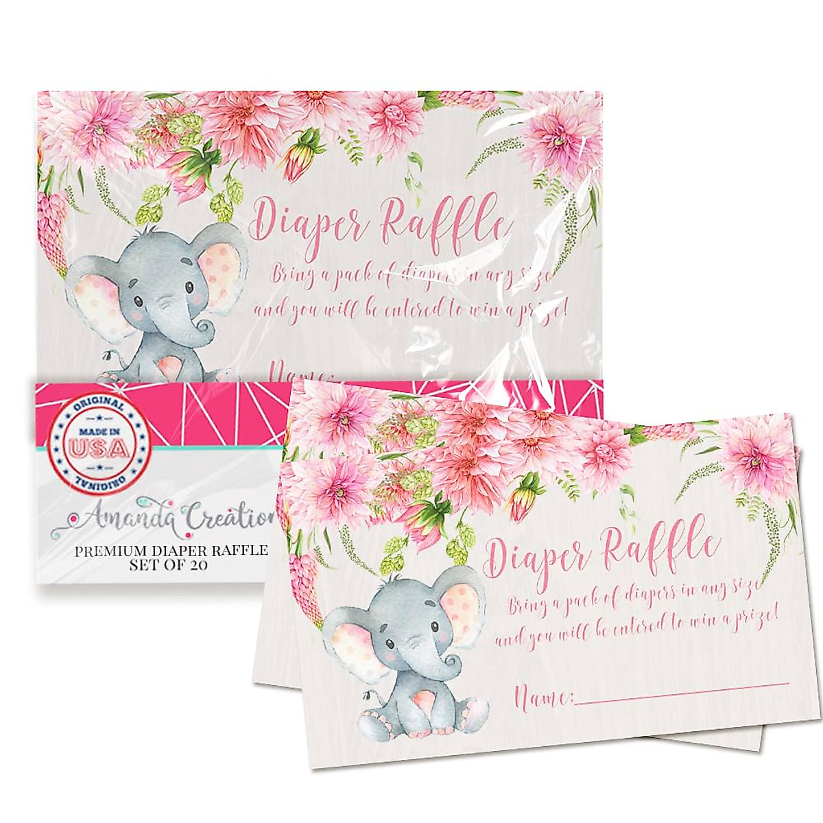 Amanda Creation Watercolor Dahlia Floral Elephant Diaper Raffle Tickets for Girl Baby Showers, 20 2" X 3” Double Sided Inserts, Bring a Pack of Diapers to Win Favors & Prizes!