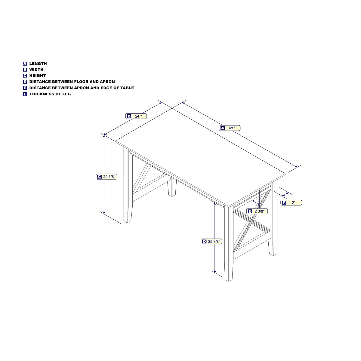 AFI 48" Solid Wood Writing Desk - Sturdy X Design - Home Office Desk Laptop Computer Work Study Table with USB Charger White