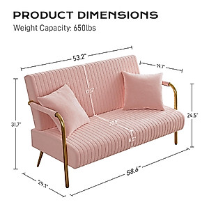 Nolohoo Loveseat Couch Set of 2 with Gold Legs, 58.6" W Pink Small Sofa with 2 Pillows, Tufted Upholstered Settee 2 Seater Mini Couch for Living Room, Bedroom, Office, Apartment (Pink,Velvet)