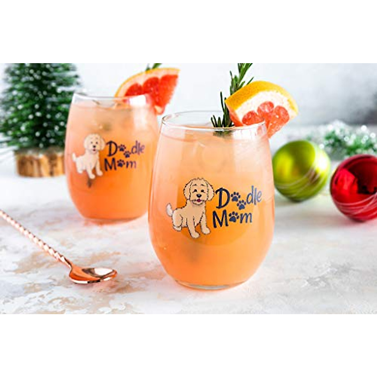 Drinking Divas - Doodle Mom - Stemless Wine Glass - Funny Gifts for Women, Mom, Best Friend, Sister, Girlfriend, Wife, Boss and Cute Dog Lovers - Unique Mother's Day, Birthday and Christmas Gift