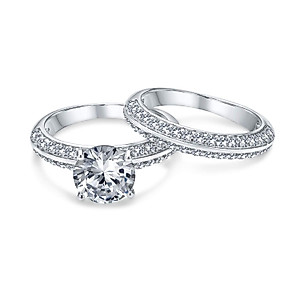 Personalize Traditional 3CT Cubic Zirconia Round Brilliant Cut Round Solitaire Pave Eternity Band AAA CZ Anniversary Wedding Engagement Ring Set Band For Women .925 Sterling Silver