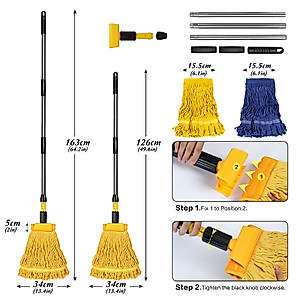 Masthome Spin Mop Bucket Floor Cleaning System with 5 Microfiber Mop Refills, 1 Extra Floor Brush Head & Commercial Loop-End String Wet Mop,for Floor Cleaning (Total 2 Pcs String Mop Heads)