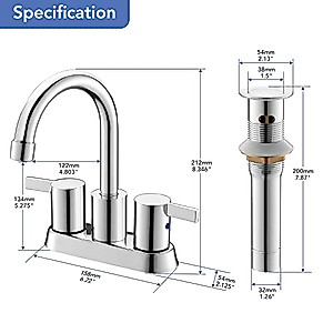 4 Inch 2 Handle Centerset Chrome Lead-Free Bathroom Faucet, Swivel Spout with Copper Pop Up Drain and 2 Water Supply Lines, BF015-1-C