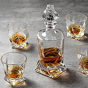 Whiskey Gifts for Men, Whiskey Decanter Set with 4 Glasses in Gift Box by Verolux | Elegant Twisted Design with Glass Stopper - Liquor, Bourbon, Brandy, Gin, Rum, Tequila, Vodka, Cognac