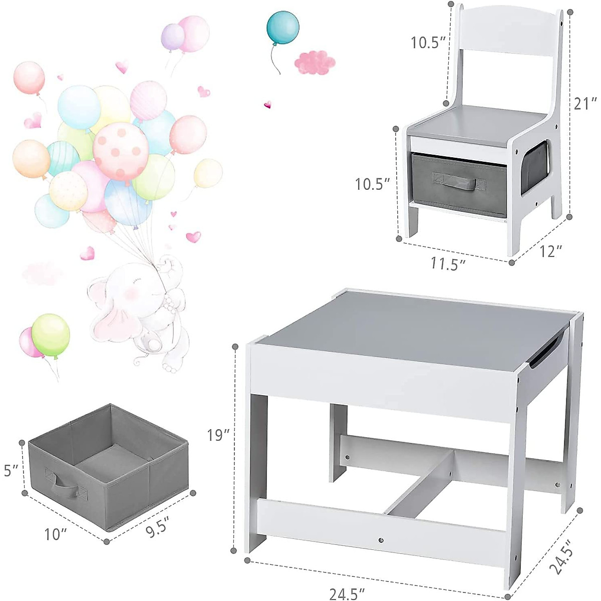 Fireflowery, 3-in-1 Wooden Activity w/Storage Drawer & Detachable Blackboard, 3-Piece Square Children Art Desk, Toddler Table&Chairs Kids Table and Chair Set, Large, Grey