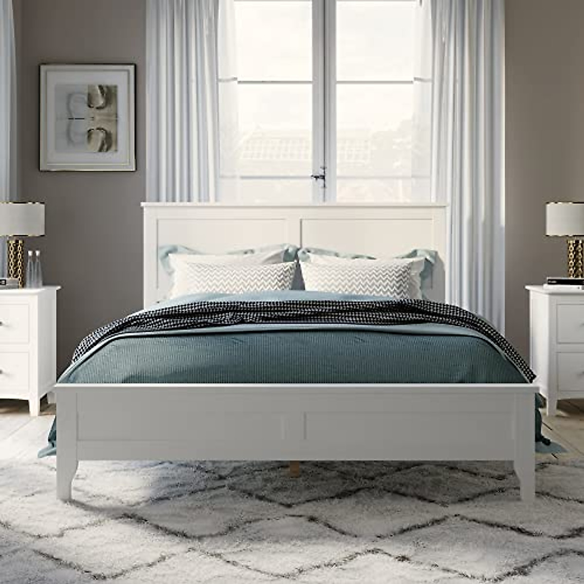 SECOLI Wooden Full Bed Frame Modern White Solid Wood Full Platform Bed