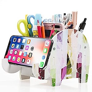 MOKANI Pen Pencil Holder for Desk Cute Elephant Gifts Desk Organizer Marker Makeup Brush Holders Workspace Organizers Office Decor Accessories with Phone Stand Christmas Gifts For Women Men Adults Coworkers