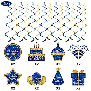 Blue Gold Birthday Hanging Swirls Decorations for Men Women, Happy Birthday Foil Swirls Party Supplies, 10th 16th 21st 30th 40th 50th 60th Bday Ceiling Hanging Decor