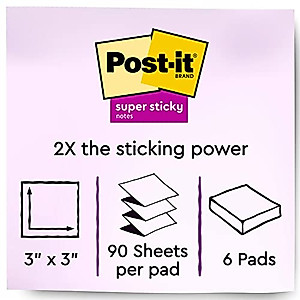 Post-it Super Sticky Pop-upNotes, 3x3 in, 6 Pads, 2x the Sticking Power, Playful Primaries, Primary Colors (Red, Yellow, Green, Blue, Purple), Recyclable (R330-6SSAN)
