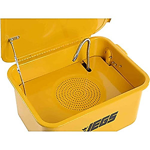 JEGS 5-Gallon Portable Parts Washer - 3.5 Gallon Parts Washer Solvent Capacity - 3.96 Gallon Per Minute Max Parts Washer Pump Output - Heavy Duty Steel - Powder Coated Yellow with JEGS Logo
