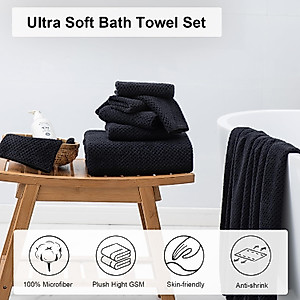 8 Piece Large Black Family Bath Towel Set-2 Oversized Bath Towel Sheets,2 Hand Towels,4 Washcloths-600GSM Soft Highly Absorbent Quick Dry Beach Chair Towels Woven Towels for Bathroom Hotel and Spa
