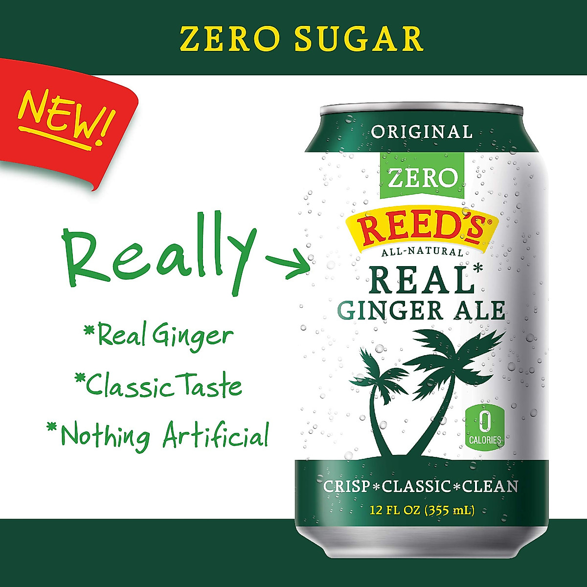 Reed's Zero Sugar Real Ginger Ale, All-Natural Classic Ginger Ale Made with Real Ginger (8pk,12oz can)