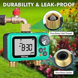 RESTMO Sprinkler Timer with Brass Inlet & Outlet, 2 Zone Programmable Water Timer for Garden Hose, 3 Separate Programs Hose Timer, Manual/Rain Delay/Automatic Watering for Drip Irrigation and Lawn