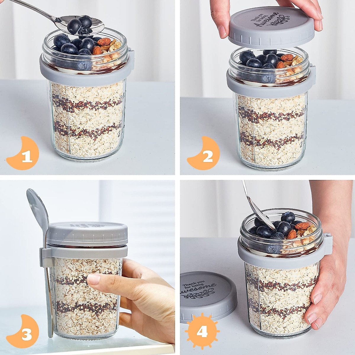 Kucoele Overnight Oats Jars with Lids and Spoons, 2 Pack 12 oz Glass Mason Jars Oatmeal Containers with Measurement Marks for Cereal, Milk, Vegetable and Fruit Salad (Grey+White)