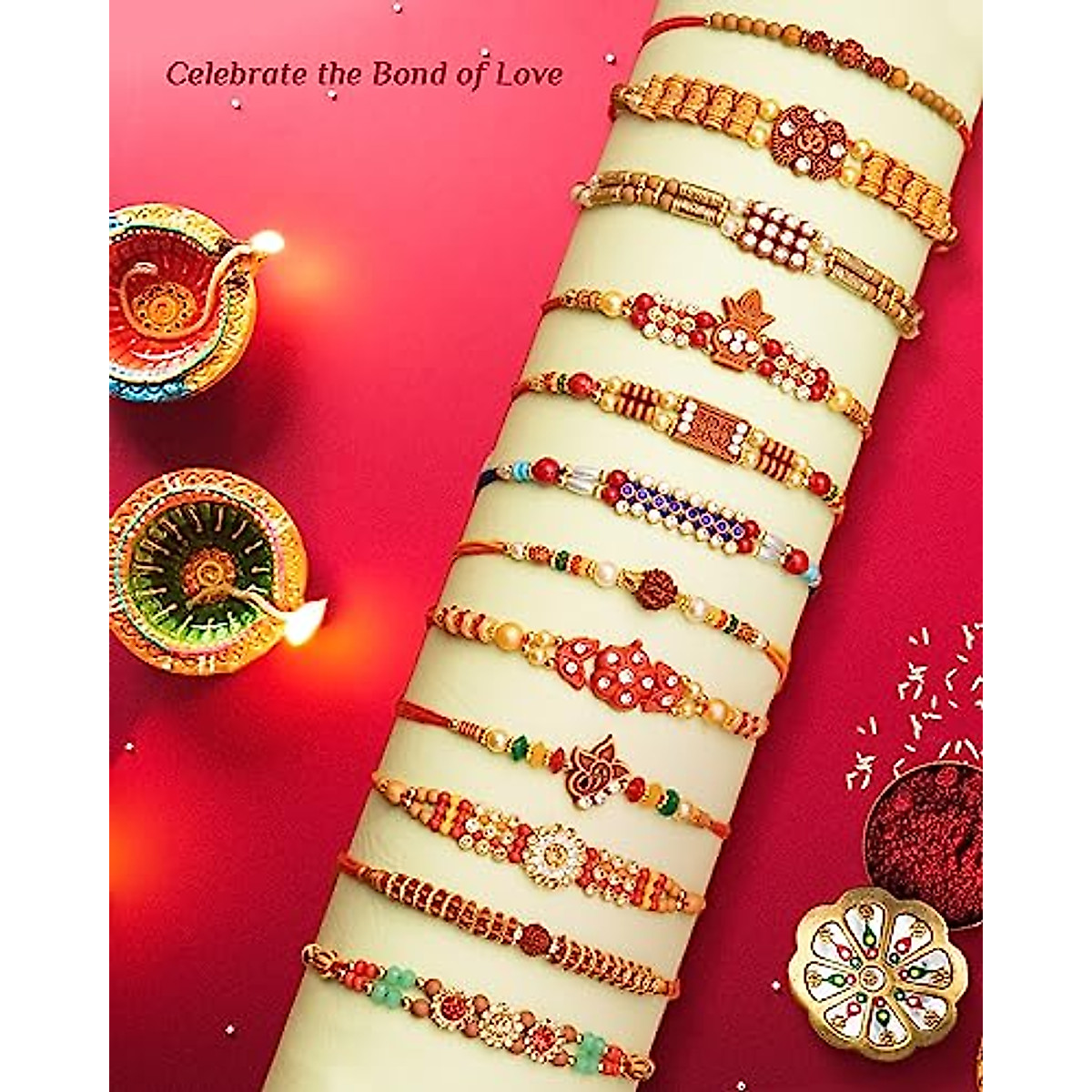 IndoTribe Rakhi for Brother - Set of 12, Rakhi for Brother and Bhabhi | Lumba Rakhi For Brother with Gift Set | Rakhi with Roli Chawal, Card | Brother Bhaiya Bhabhi Rakhi | Raksha Bandhan Rakhi