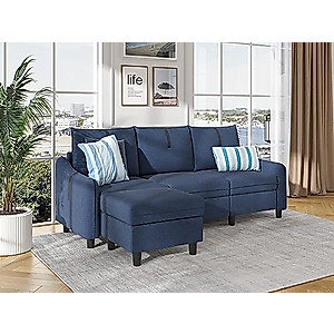 Pingliang Home 80" Sectional Sofas for Living Room, 3 Seat L Shaped Couch with Reversible Ottoman, Modern Linen Fabric Small Sectional Couch for Apartment Small Space, Navy Blue