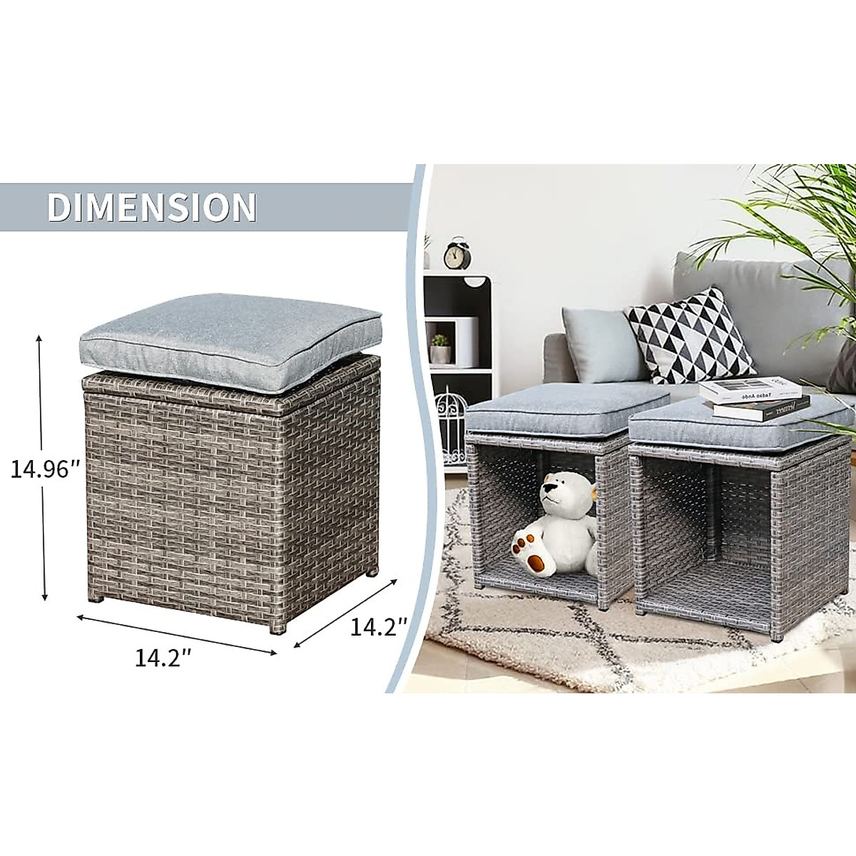 Verano Garden Patio Storage Ottomans, All Weather Wicker Ottoman Set with Removable Cushions, Outdoor Footstool footrest seat for Backyard, Garden, Poolside, Set of 2 (Grey)