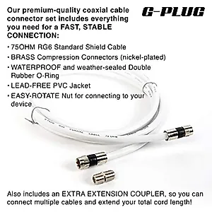 G-PLUG 6FT RG6 Coaxial Cable Connectors Set – High-Speed Internet, Broadband and Digital TV Aerial, Satellite Cable Extension – Weather-Sealed Double Rubber O-Ring and Compression Connectors White