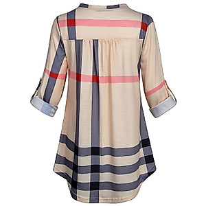 SeSe Code Work Blouses for Women, 2023 Tops for Leggings 3/4 Sleeve Fashion Tunic Checkered Business Casual Clothing Grey and Beige XXL