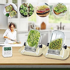 Sprouting Kit, 2 Stainless Steel Sprouting Lids for Regular and Wide Mouth Mason Jars, Sprouts Growing Kit with Timer, 2 Tray, Sprouting Jar Stand for Bean Sprout, Alfalfa, Broccoli (Not Include Jar)