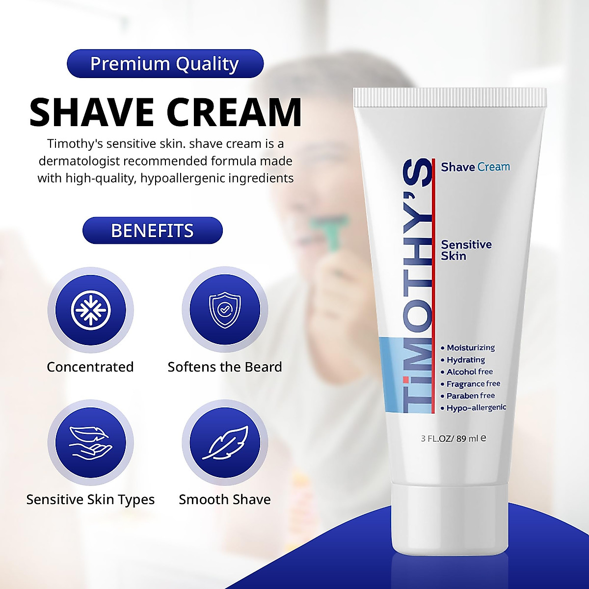 Timothy's Unscented Shave Cream 6 ounce Sensitive Skin, Fragrance Free, Alcohol Free, Paraben Free