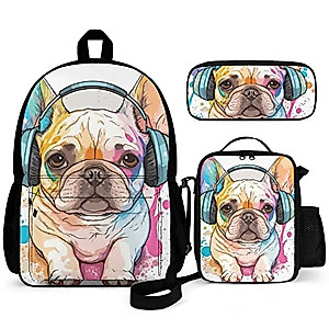 Delerain Colorful French Bulldog 3 Pcs Backpack Set for Kids Back to School Bookbag with Lunch Box and Pencil Case Durable Lightweight Travel for Teens Students Boys Girls