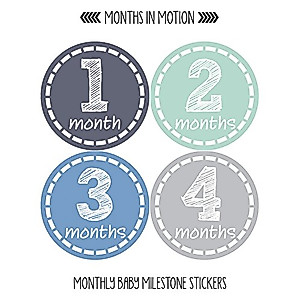 Months in Motion Baby Monthly Stickers - Baby Milestone Stickers - Newborn Boy Stickers - Month Stickers for Baby Boy - Baby Boy Stickers - Newborn Monthly Milestone Stickers (12 Count)