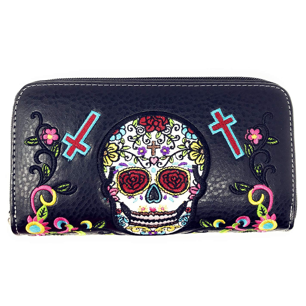 Western Sugar Skull Embroidery Rhinestone Cross Conceal Carry Crossbody Bag Set (Black)