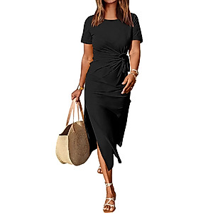 ANRABESS Women's 2025 Summer Maxi Tshirt Dress Short Sleeve Crewneck Tie Waist Casual Slim Fit Slit Spring Long Beach Dresses Black Large