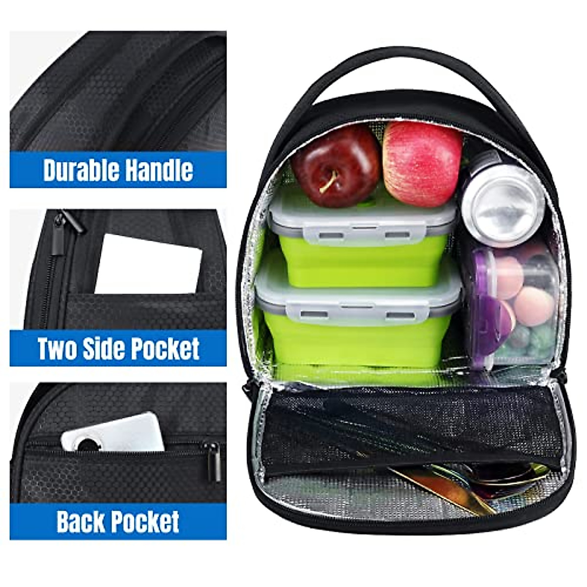 Gloppie Lunch Box Insulated Lunch Bag for Men Women Lunch Cooler Bags Black Lunch Tote Bag for Bento Box Lunch Containers Adult Lunchbox Lunchbag Work Office Picnic